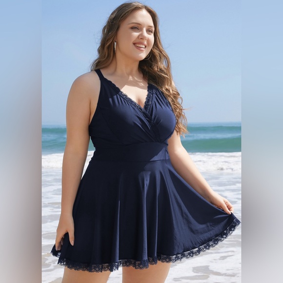 BloomChic | Swim | Bloomchic Lace Trim Wrap Crossover Back Ruffles Navy ...